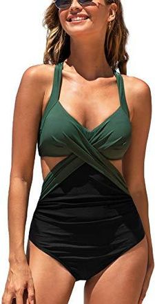 Cupshe Femm Maillot de Bain Une Pièce Croisé en Blocs Wrap Push Up Rassemblement Ventre Coupé Bikini Vert/Noir XS