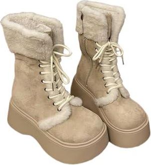 Generic JJDFW Bottes de neige &agrave; lacets avec doublure en fourrure pour femme - Semelle &eacute;paisse - Garde au chaud - En coton - Chaussures dhiver en peluche pour 