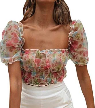 Minetom Chemisier Femme Floral Broderie Dentelle Tops Manches Bouffantes Haut Manches Courtes Nombril Chemise Bustiers Corsets Blouses D Fleur L