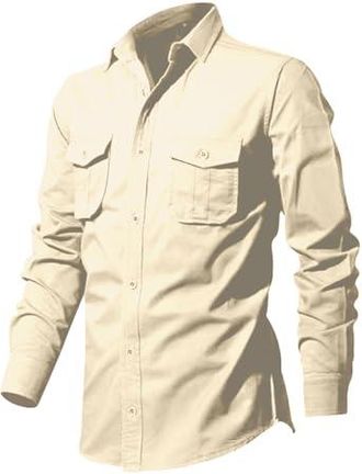 Generic 2026 Chemise Homme Double Poche Lin Manches Longues Casual, beige, XL