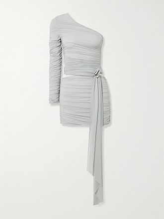 Maygel Coronel Socarras Set Aus Asymmetrischem Oberteil Und Minirock Aus Stretch-mesh Mit Raffungen Und Applikation - Grau