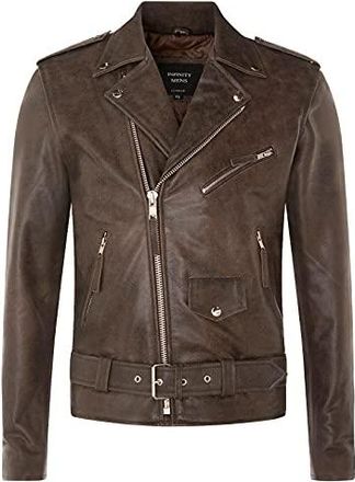 Infinity Leather Blouson Motard Brando en Cuir Marron Ancien pour Homme Blouson en Peau de Vache Rétro Rock 4XL