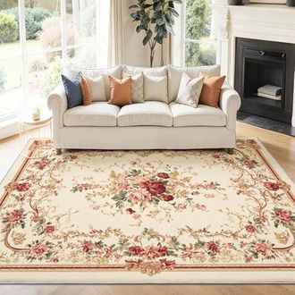Generic Tapis &agrave; Motif Luxe Exquis Rose Grand Antid&eacute;rapant &agrave; Poils Courts Doux Chambre Poil Ras de Sol Beige, 160 x 230 cm