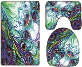 A.Monamour Badezimmer Badematte 3 Teilig Set Pfauenfeder Muster Ölgemälde Kunst Bild Kissen Pads Für Toilettenzubehör Flanell Saugfähig Badteppiche Badvorleger B