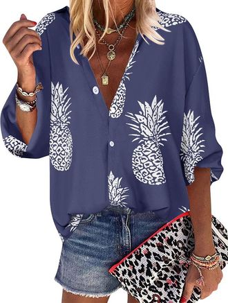 Dresswel Hawaii Hemd Damen Hawaiihemd 3/4 &Auml;rmel V-Ausschnitt Sommer Bluse Ananas Blumen Druck Kn&ouml;pfe Hemdbluse Strandshirt Hawaii Outfit Tuniken Blusenshirt To