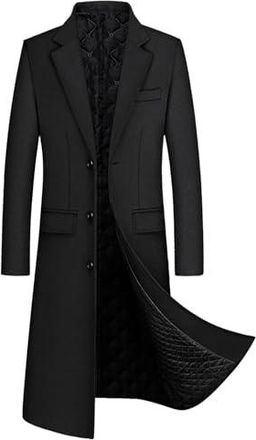 Generic Manteau long en laine m&eacute;lang&eacute;e pour homme avec col crant&eacute; et boutonnage simple coupe ajust&eacute;e, Noir, XXL