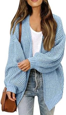 Generic Cardigan en tricot &agrave; manches lanternes pour femme Col en V Couleur unie Pull &agrave; manches longues R&eacute;tro, bleu ciel, Taille XS