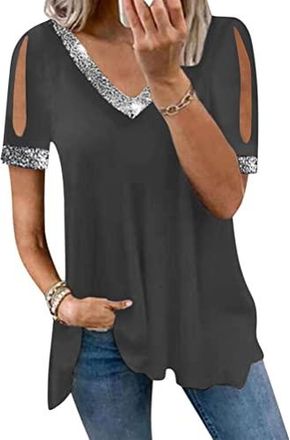 Onsoyours Tee Shirt Femme Ete Chic et Élégant Manche Courte Chemise Épaule Froid Blouse Haut De Couleur Unie Tops Décontractés avec Paillettes Gris L