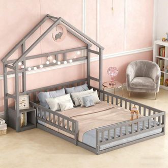 Generic Kinderbett 140x200 cm in Grau | Flachbett in Hausform mit Sicherheitsgeländer | Inklusive Nachttische | Charmantes Kindermöbel (Grey)