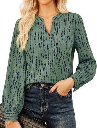 Grace Karin Hauts de Travail élégants pour Femmes Chemisier à Manches Longues et col en V Tuniques contrastées t-Shirt Gris Vert S