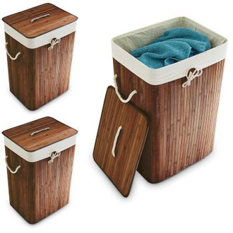 Relaxdays Panier &agrave; linge bambou, lot de 3, corbeille linge pliante, 83L, sac int&eacute;rieur coton, 65,5 x 43,5 x 33,5 cm, marron