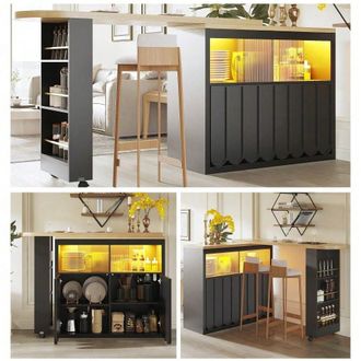 Generic Ausziehbarer Bartisch mit LED-Beleuchtung (135-205 cm) - H&ouml;he 100 cm, Wei&szlig; mit gestreiften T&uuml;ren - Mobiler Bistrotisch mit Stauraum (Black + MDF+Glass