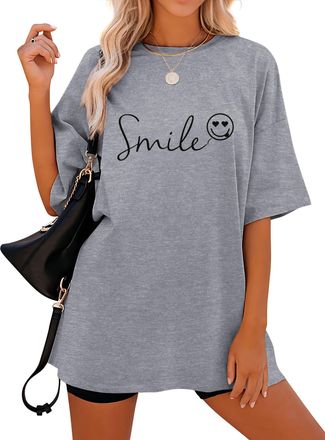 Dresswel Tshirt Damen Oversize Smile T-Shirt Kurzarm Rundhals Oversized Tshirts Lose Sommer Tops Lang Oberteile Bluse f&uuml;r Frauen Teenager M&auml;dchen