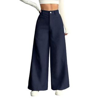 Generic Pantalon en velours c&ocirc;tel&eacute; pour femme - Jambes larges - Pantalon de travail - Coupe ample - D&eacute;contract&eacute; - Taille &eacute;lastique - 33, Marine, XXL