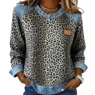 Generic Sweat-shirts en denim patchwork pour femme, col &agrave; revers en denim, patchwork, d&eacute;contract&eacute;, automne, sweat-shirt ample, gris, XXL