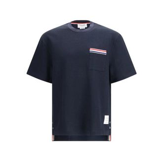 Thom Browne Honeycomb T-Shirt mit gestickter Tasche - - Tops - Herren - Blau - S