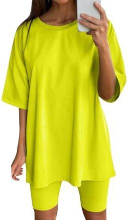 Generic Ensemble 2 pi&egrave;ces pour femme - T-shirt surdimensionn&eacute; d&eacute;contract&eacute; - Short de motard - Surv&ecirc;tement de sport - Ensemble assorti, jaune, XXL