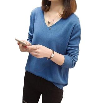 Generic Pull basique uni ample à col en V pour femme, bleu, XXL