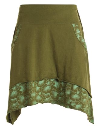 vishes Alternative Bekleidung - Damen mini Rock Baumwolle Blumen-Muster extra breiter Bund mit Kordel-Zug und Taschen Olive 36