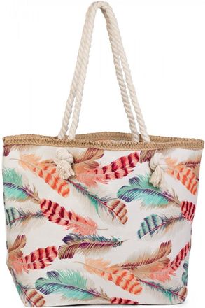 styleBREAKER Strandtasche mit buntem Feder Muster und Bast Saum | separates Kosmetiktäschchen | Reißverschluss | 47 x 32 x 15 cm | Damen Shopper Badetasche, Farbe:
