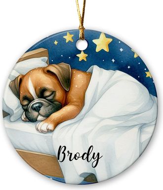 Generic Keramik Weihnachts Ornamente Boxer Schlafender Hund Weihnachtsdekoration Christbaum Baumschmuck Anh&auml;nger Mit Seil 7.3Cm