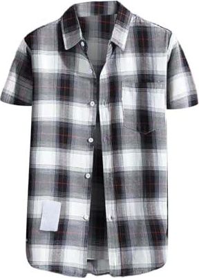 Generic Chemise &agrave; manches courtes pour homme, chemise boutonn&eacute;e &agrave; carreaux color&eacute;s, tendance et polyvalente, haut &agrave; revers &agrave; bouton-pression, haut d&eacute;t&eacute; l&eacute;ger,
