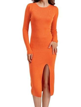 Generic Robe Femme Col Rond Tricotée Manches Longues Fendue Moulante Midi Automne Hiver Tendance Décontractée 2025