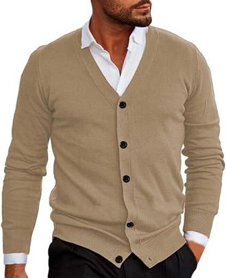 Generic Clearance - Cardigan tricoté léger et fin à manches longues et col en V pour homme - Pull chaud décontracté uni en tricot - Couche de base - Vestes de