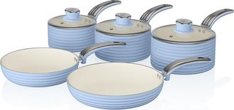 SWAN 5-teiliges Pfannen-Set, Retro-Design, Aluminium, blau, 29.5x47x18 cm