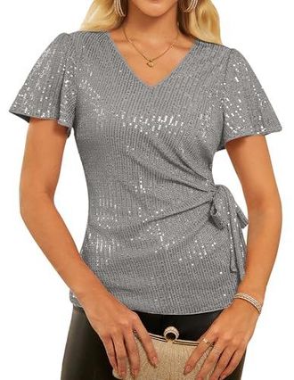 Grace Karin Femme Haut Chic &Agrave; Sequins Blouse Soir&eacute;e &Eacute;l&eacute;gante &Agrave; Paillettes Top De F&ecirc;te Col en V Manches &Agrave; Volants Courtes Gris XL