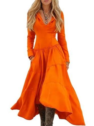Generic Robe longue pliss&eacute;e &agrave; manches longues et col en V pour femme - Printemps et automne - Cowgirl occidentale, Orange, XXL