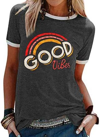 Dresswel Femme Good Vibes T-shirt Impression Arc-en-ciel T-shirts Col Rond Manches Courtes Hauts Chemise Tee Tops Blouse, XL