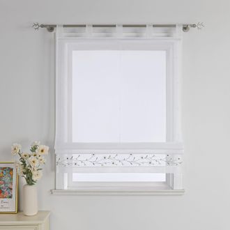 Joyswahl Voile Raffrollo mit Schlaufen Raffgardinen Wohnzimmer Fenster Vorhänge Landhaus Bändchenrollo Transparent Rollo Bestickt BxH 140x150cm Weiß 1 Stück