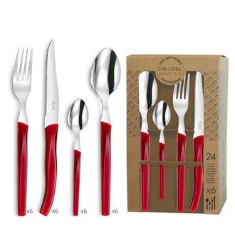 Lou Laguiole PRADEL ESSENTIEL - Coffret 24 couverts de table pour 6 personnes - Rising Sun - Acier inoxydable 18/0, Finition Standard - Rouge