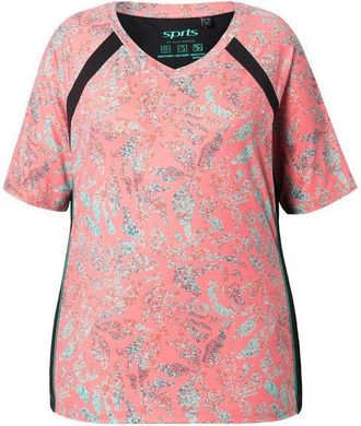 Ulla Popken T-Shirt T-Shirt Bl&auml;tter Mesh V-Ausschnitt Halbarm recycelt