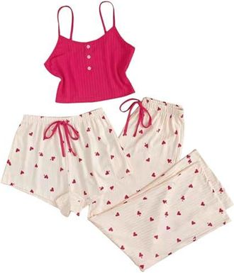 Generic Ensemble maison 3 pi&egrave;ces pour femme - D&eacute;bardeur spaghetti et short - Pantalon de pyjama Y2k - Pyjama douillet - Deux pi&egrave;ces - Haut &agrave; bretelles - Pour 