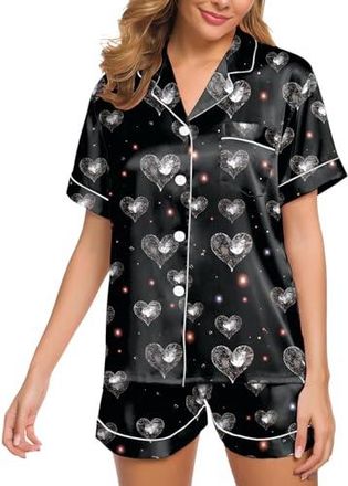 Generic Ensemble de pyjama deux pièces en satin de soie pour femmes, cadeau de Saint-Valentin 2026, vêtements de nuit, vêtements de détente boutonnés, Noir, X