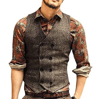 Onsoyours Veste de Costume pour Homme Slim Fit Gilet Casual Tweed Soiree Formelle Veste sans Manches pour Mariage H Marron XL