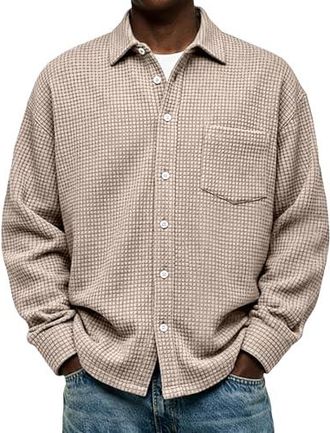 Generic Chemise boutonn&eacute;e &agrave; manches longues pour homme - Chemise gaufr&eacute;e &agrave; revers avec poche - Coupe d&eacute;contract&eacute;e - Chemisier daffaires urbain &eacute;l&eacute;gant - Haut 