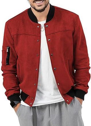 Onsoyours Hommes Léger Bomber Blouson Bomber Veste De Transition Vestes DAviateur Loisirs Suede Col Montant Homme Bouton Veste A Rouge XS