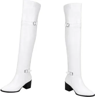 Hemoton Bottes Cuissardes Femme Automne Hiver &agrave; Talons &Eacute;pais en PU Blanc Taille 38 Semelle Antid&eacute;rapante en Caoutchouc Bottes Hautes au-Dessus du Genou Protec