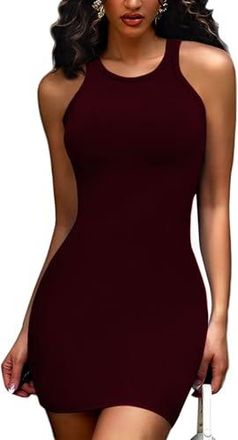 Joyshaper Robe dété moulante courte pour femme - Sans manches - Mini robe moulante, 1 Bordeaux, XL