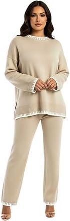 Janisramone Ensemble de 2 pi&egrave;ces en tricot pour femme avec haut et pantalon &agrave; jambes larges, stone, Taille unique