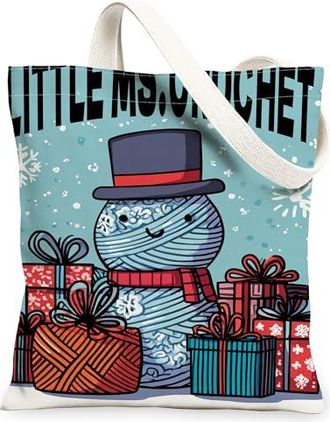 Generic Sacs fourre-tout en toile motif bonhomme de neige mignon, sacs d&eacute;picerie r&eacute;utilisables, l&eacute;gers et lavables avec bandouli&egrave;re en toile, bleu, 13x15 Inch