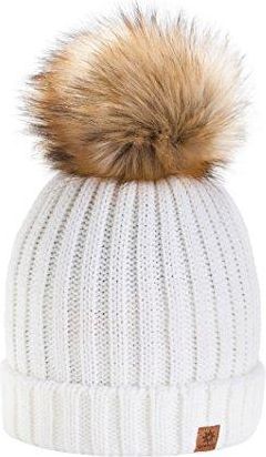 4sold Rita Lady Skullies Bonnets Bonnet fourré Hiver pour Femme Bonnet tricoté avec Torsades et Gros Pompon en Fourrure Plusieurs Coloris Taille Unique (Ecr