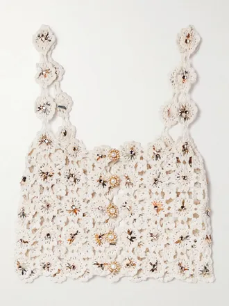 Agua Bendita + Net Sustain Zilia Caracola Verk&uuml;rztes Oberteil Aus Geh&auml;kelter Baumwolle Und Bedrucktem Cr&ecirc;pe Mit Verzierungen - Wei&szlig;