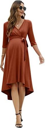 KOJOOIN Robe de maternité pour Femme Robe dallaitement Festive Col en V Manches 3/4 Robe de maternité avec Ceinture,Caramel(3/4 Manches),XXL