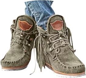 Generic Bottes pour femme - Bottines occidentales à franges pour femme - En daim - À lacets - Bout rond - Talon épais - Bottines courtes - Bottes de cowboy po