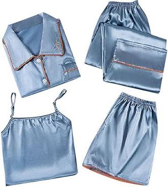 Generic Ensemble de pyjama 4 pi&egrave;ces en satin de soie pour femme - Ensemble de pyjama 4 pi&egrave;ces - Pyjama &agrave; manches courtes - V&ecirc;tements de nuit &agrave; manches courtes