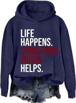 Generic Sweat à capuche de Noël ample pour femme - Col rond décontracté - Avec lettres imprimées - Pour lhiver et Noël - Cadeau de Noël, bleu marine, 4XL